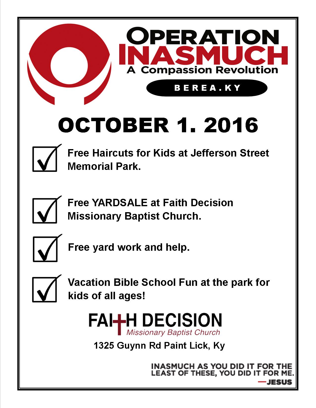 Operation InAsMuch: October 1, 2016 - Faith Decision Missionary Baptist ...